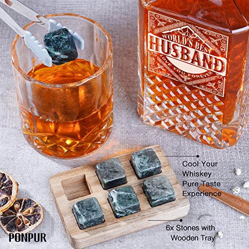 PONPUR Gifts for Men Him Husband from Wife, Whiskey Decanter Set with 2 Whisky Glasses, Unique Anniversary Birthday Gift for Husband, Cool Christmas Presents for Scotch Bourbon Lovers