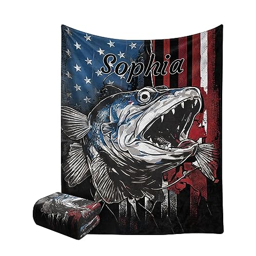 Fishing American Flag Vintage Personalized Blanket with Name Super Soft Fleece Throw Blankets for Bed Couch Birthday Wedding Gift 60 x 80 inch