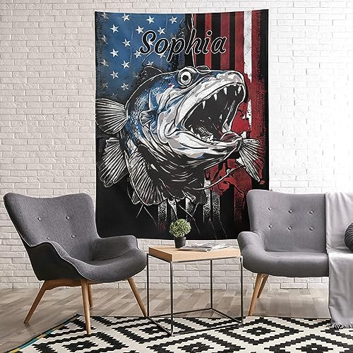 Fishing American Flag Vintage Personalized Blanket with Name Super Soft Fleece Throw Blankets for Bed Couch Birthday Wedding Gift 60 x 80 inch