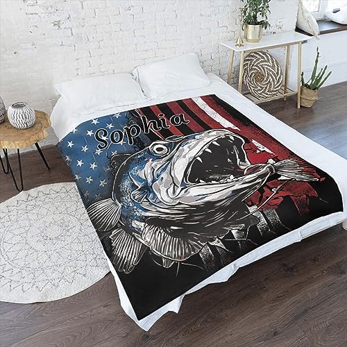 Fishing American Flag Vintage Personalized Blanket with Name Super Soft Fleece Throw Blankets for Bed Couch Birthday Wedding Gift 60 x 80 inch