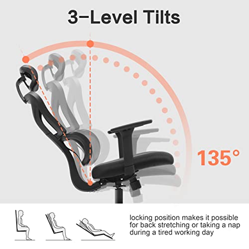 FelixKing Ergonomic Office Chair, Home Office Rolling Swivel Chair Mesh High Back Computer Chair with 3D Adjustable Armrest & Lumbar Support, Blade Wheels Desk Chair with Headrest (Black)