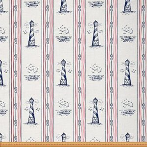 ocean lighthouse fabric by the yard, seagull animal birds upholstery fabric, nautical vintage line print decorative fabric,diy art waterproof fabric,upholstery and home accents, blue red, 2 yards