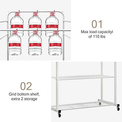 Clothes Rack with Shelves,Double Rod Clothing Garment Rack on Wheels Clothes Drying Rack for Indoor Bedroom Living Room (White)