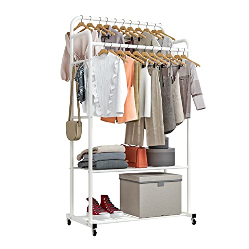 Clothes Rack with Shelves,Double Rod Clothing Garment Rack on Wheels Clothes Drying Rack for Indoor Bedroom Living Room (White)