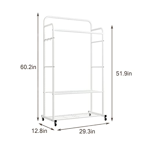 Clothes Rack with Shelves,Double Rod Clothing Garment Rack on Wheels Clothes Drying Rack for Indoor Bedroom Living Room (White)