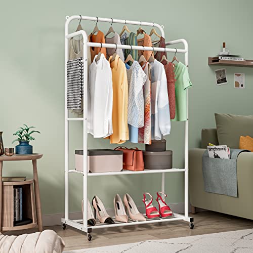 Clothes Rack with Shelves,Double Rod Clothing Garment Rack on Wheels Clothes Drying Rack for Indoor Bedroom Living Room (White)