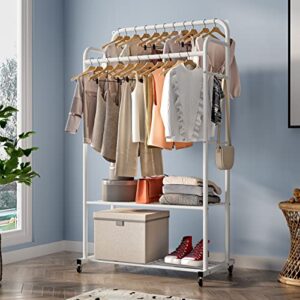 Clothes Rack with Shelves,Double Rod Clothing Garment Rack on Wheels Clothes Drying Rack for Indoor Bedroom Living Room (White)