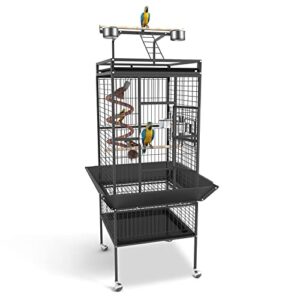 61'' bird cage, large bird flight cages aviary with rolling stand & bottom tray, wrought iron birdcage with playtop & rope bungee bird toy for parakeet, parrot, lovebirds, pigeons, cockatiels, macaw