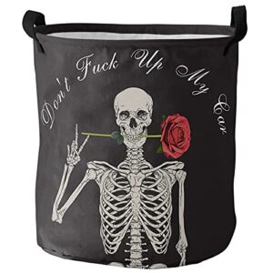 laundry hamper foldable laundry basket, red roses skeleton waterproof clothes hamper for bathroom bedroom living room, rustic skull victory gesture toy baskets for dollhouse 16.5"x17"