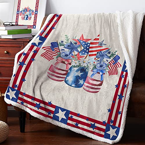 LEOKOTI 4th of July Spring Floral Ultra Warm Sherpa Blankets Throw, Red Stripes Star Independence Day Durable Double-Side Fluffy Baby Throw Blanket for All Seasons Throw Size 50" x 60"