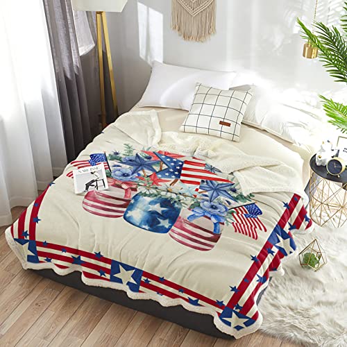 LEOKOTI 4th of July Spring Floral Ultra Warm Sherpa Blankets Throw, Red Stripes Star Independence Day Durable Double-Side Fluffy Baby Throw Blanket for All Seasons Throw Size 50" x 60"