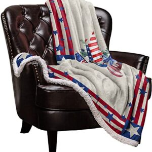 LEOKOTI 4th of July Spring Floral Ultra Warm Sherpa Blankets Throw, Red Stripes Star Independence Day Durable Double-Side Fluffy Baby Throw Blanket for All Seasons Throw Size 50" x 60"