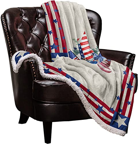 LEOKOTI 4th of July Spring Floral Ultra Warm Sherpa Blankets Throw, Red Stripes Star Independence Day Durable Double-Side Fluffy Baby Throw Blanket for All Seasons Throw Size 50" x 60"