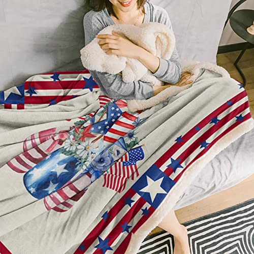 LEOKOTI 4th of July Spring Floral Ultra Warm Sherpa Blankets Throw, Red Stripes Star Independence Day Durable Double-Side Fluffy Baby Throw Blanket for All Seasons Throw Size 50" x 60"