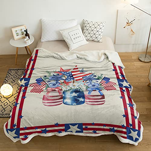 LEOKOTI 4th of July Spring Floral Ultra Warm Sherpa Blankets Throw, Red Stripes Star Independence Day Durable Double-Side Fluffy Baby Throw Blanket for All Seasons Throw Size 50" x 60"