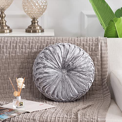 Aoruisen Grey Round Throw Pillow Velvet Round Pillows Cushion for Home Decoration Pleated Pumpkin Pillow for Home Decor Sofa and Car Throw Pillows 13.8 inch