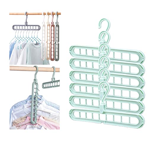 Space Saving Hangers,9 Holes Plastic Collapsible Multifunctional Closet Organizer and Storage for Heavy Clothes,College Dorm Room Essentials Pack of 6 Green