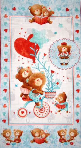 FlashPhoenix Quality Sewing Fabric –Puffy Teddy Bear Bicycle Reading Bears Heart 100% Cotton Fabric 24x44 Panel