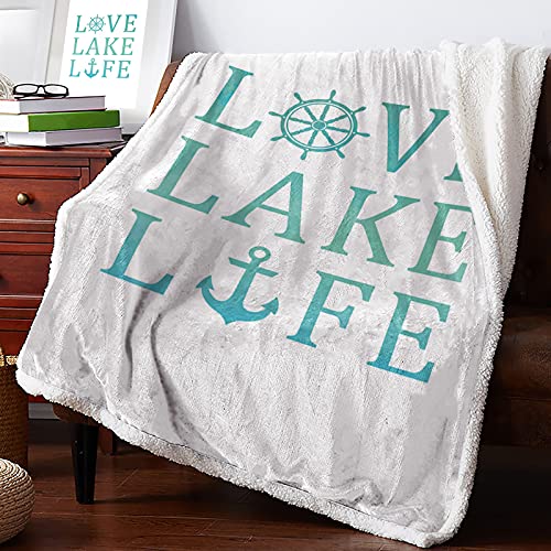 Sherpa Blanket Flannel Fleece Throws Summer Love Lake Life Rudder Anchor,Soft Warm Cozy Fuzzy Throw Blankets Turquoise Text on White,Shaggy TV Throw for Sofa Couch Bed Camping All Season 50x60In