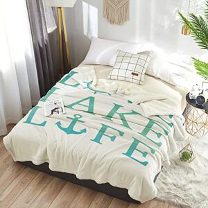 Sherpa Blanket Flannel Fleece Throws Summer Love Lake Life Rudder Anchor,Soft Warm Cozy Fuzzy Throw Blankets Turquoise Text on White,Shaggy TV Throw for Sofa Couch Bed Camping All Season 50x60In