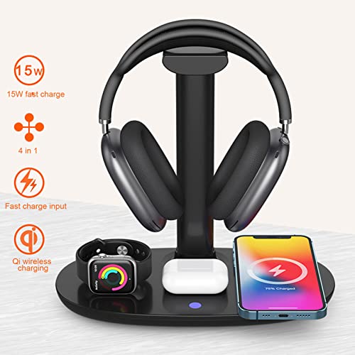 B-15A 4 in 1 Wireless Charger Headphone Stand, Wireless Charger Headphone Charging Hanger, 15W Fast Charge Detachable for iOS Series Wireless Charging Devices