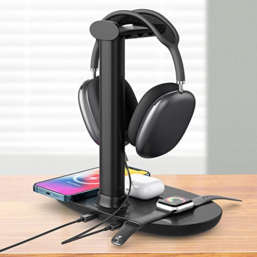 B-15A 4 in 1 Wireless Charger Headphone Stand, Wireless Charger Headphone Charging Hanger, 15W Fast Charge Detachable for iOS Series Wireless Charging Devices