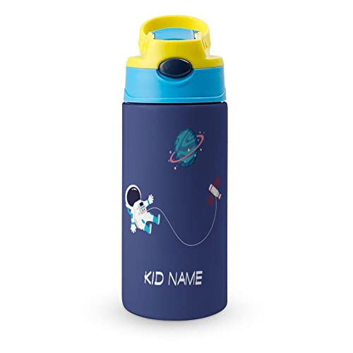 Mrokouay Custom Planet Astronaut Kids Water Bottle with Straw Lid Personalized Add Your Text Stainless Steel Sports Water Bottles Customized Reusable Leak-Proof Toddlers Cup for School, Travel