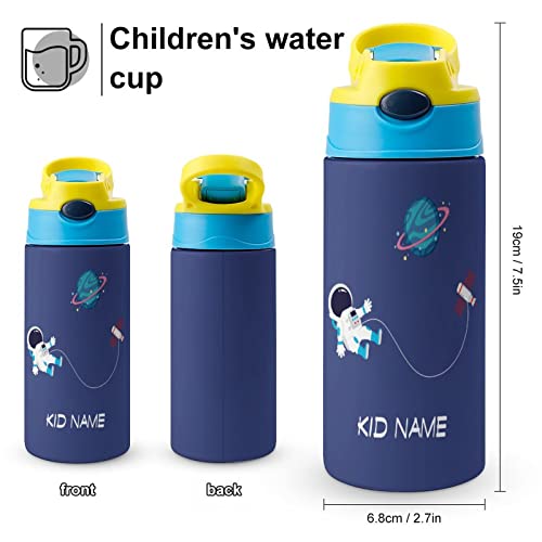 Mrokouay Custom Planet Astronaut Kids Water Bottle with Straw Lid Personalized Add Your Text Stainless Steel Sports Water Bottles Customized Reusable Leak-Proof Toddlers Cup for School, Travel