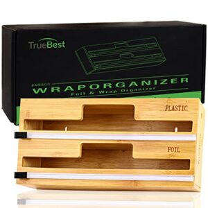 truebest 2 in 1 foil and wrap organizer with cutter and labels, compatible with 12" roll wrap neat aluminum foil and wax bamboo dispenser for kitchen drawer with 2 slots, mounting screws.