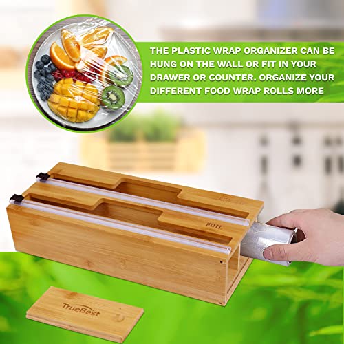 TrueBest 2 in 1 Foil and Wrap Organizer with Cutter and Labels, Compatible with 12" Roll Wrap neat Aluminum Foil and Wax Bamboo Dispenser for Kitchen drawer with 2 Slots, Mounting Screws.