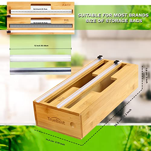 TrueBest 2 in 1 Foil and Wrap Organizer with Cutter and Labels, Compatible with 12" Roll Wrap neat Aluminum Foil and Wax Bamboo Dispenser for Kitchen drawer with 2 Slots, Mounting Screws.