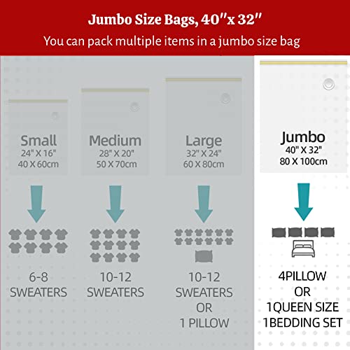 Vacuum Storage Bags (6 Jumbo) with Hand Pump | 40"x32" Vacuum Sealer Bags Clothes | Compression Bags for Travel | Space Saver Vacuum Storage Bags | Blanket Storage Bags | Clothing Storage