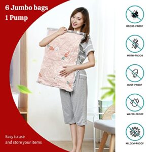 Vacuum Storage Bags (6 Jumbo) with Hand Pump | 40"x32" Vacuum Sealer Bags Clothes | Compression Bags for Travel | Space Saver Vacuum Storage Bags | Blanket Storage Bags | Clothing Storage