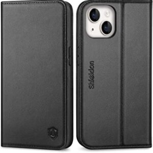 SHIELDON Case for iPhone 14 6.1" 5G, Genuine Leather iPhone 14 Wallet Folio Case [Magnetic Closure] [RFID Blocking Card Slots] [Kickstand] Full Protection Case Compatible with iPhone 14 2022 - Black