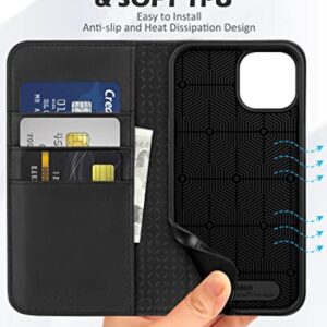 SHIELDON Case for iPhone 14 6.1" 5G, Genuine Leather iPhone 14 Wallet Folio Case [Magnetic Closure] [RFID Blocking Card Slots] [Kickstand] Full Protection Case Compatible with iPhone 14 2022 - Black