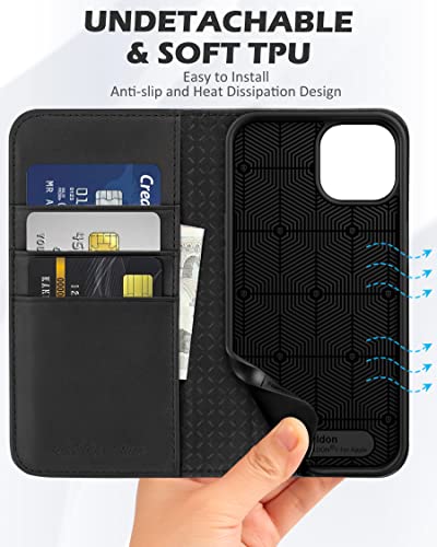 SHIELDON Case for iPhone 14 6.1" 5G, Genuine Leather iPhone 14 Wallet Folio Case [Magnetic Closure] [RFID Blocking Card Slots] [Kickstand] Full Protection Case Compatible with iPhone 14 2022 - Black