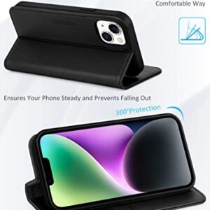 SHIELDON Case for iPhone 14 6.1" 5G, Genuine Leather iPhone 14 Wallet Folio Case [Magnetic Closure] [RFID Blocking Card Slots] [Kickstand] Full Protection Case Compatible with iPhone 14 2022 - Black