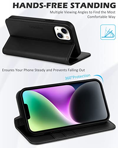 SHIELDON Case for iPhone 14 6.1" 5G, Genuine Leather iPhone 14 Wallet Folio Case [Magnetic Closure] [RFID Blocking Card Slots] [Kickstand] Full Protection Case Compatible with iPhone 14 2022 - Black