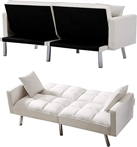 Leiln.z Velvet Convertible Sofa Bed with 2 Pillows, Modern Upholstered Sleeper Sofa Couch with 3 Adjustable Backrests and 2 Armrests, Twin Recliner for Living Room. (Off White)