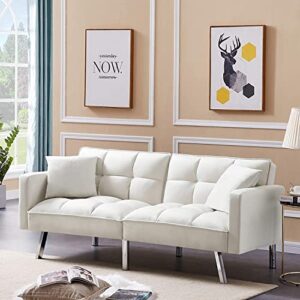 Leiln.z Velvet Convertible Sofa Bed with 2 Pillows, Modern Upholstered Sleeper Sofa Couch with 3 Adjustable Backrests and 2 Armrests, Twin Recliner for Living Room. (Off White)