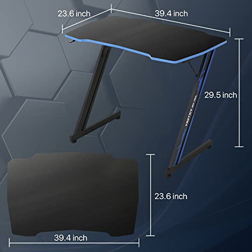 HKLGorg Gaming Desk 39" Computer Desk Gaming Table Writing Table Modern Ergonomic Racing Style Home Office Desk Workstation Carbon Fiber Headphone Hook for Men Boyfriend Female Gift- Blue