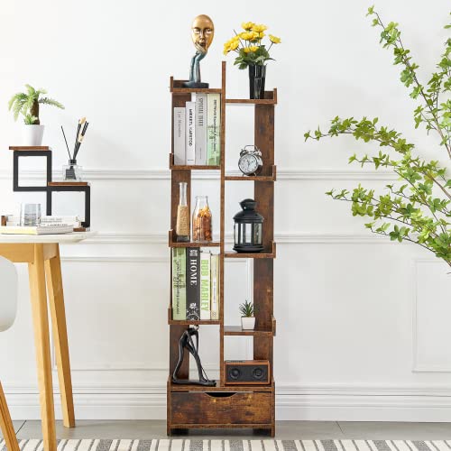 Gannyfer Tree Bookshelf with Drawers,Narrow Free Standing Open Bookshelves,Mid-Century Modern Bookcase Storage Organizer Shelf,Tall Retro Wood Book Shelves for Small Spaces Bedroom,Office,Classroom