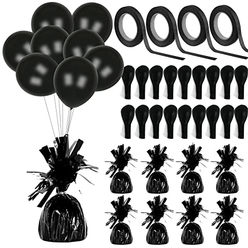 Balloon Weights Balloons & Ribbons - Balloon weights pack of 12 - Black Curling ribbon 12 rolls - 48 Black balloons - Black party decorations Black Ballons ribbon party favor birthday decor (Black)