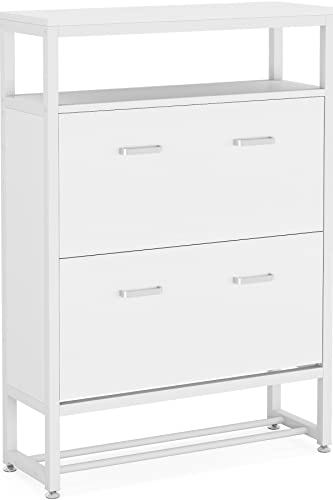 Tribesigns Shoe Cabinet with Flip Drawers, Wood Tipping Bucket Shoe Cabinet, Shoes Storage Cabinet with Open Shelf for Entryway Bedroom