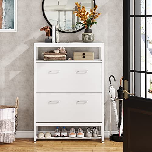 Tribesigns Shoe Cabinet with Flip Drawers, Wood Tipping Bucket Shoe Cabinet, Shoes Storage Cabinet with Open Shelf for Entryway Bedroom