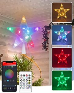 christmas tree topper lighted - smart app remote control 7" led color changing star tree toppers sync with music, dimmable, timer, usb plug in/wire 16.4ft topper for xmas party holiday decorations