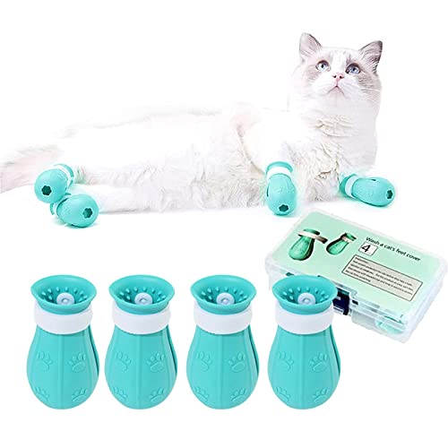 4Pcs Cat Anti-Scratch Shoes,Cat Boots for Cats Only,Anti-Scratch Cat Feet Claw Covers Adjustable Prickly Anti-Off Shoes Nail Gloves for Cat Silicone for Cat Grooming Bathing and Shaving (Blue)