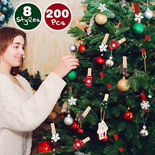 Mini Clothes Pins, Christmas Wooden Photo Clips Small Clothes Pin Tiny Wood Clip for Crafts, Mini Wooden Pegs with 33 ft Jute Twine for Hanging Christmas Card Photo Picture Display (100 Pcs)