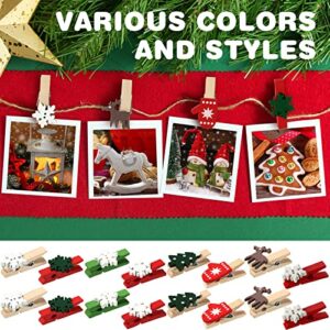 Mini Clothes Pins, Christmas Wooden Photo Clips Small Clothes Pin Tiny Wood Clip for Crafts, Mini Wooden Pegs with 33 ft Jute Twine for Hanging Christmas Card Photo Picture Display (100 Pcs)