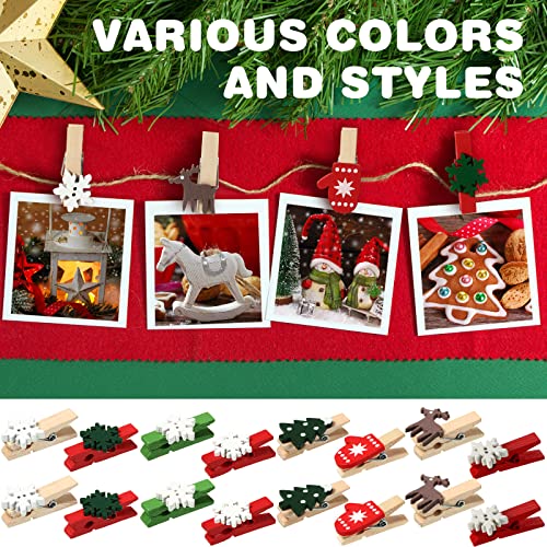 Mini Clothes Pins, Christmas Wooden Photo Clips Small Clothes Pin Tiny Wood Clip for Crafts, Mini Wooden Pegs with 33 ft Jute Twine for Hanging Christmas Card Photo Picture Display (100 Pcs)